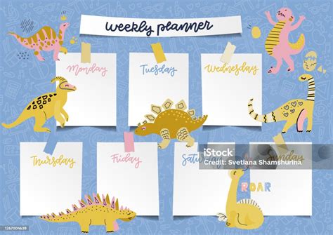 아이들을위한 주간 플래너 공룡과 학교 시간표에 대한 템플릿 타이포그래피를 위한 플랫 낙서 핸드 그린 그래픽 파란색 분홍색 및 노란색의 벡터 일러스트레이션 수첩에 대한 스톡