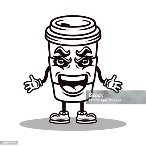 커피 종이컵 만화 마스코트 캐릭터 벡터 일러스트 빈티지 흑백 스타일 흰색 배경에 고립 귀여운에 대한 스톡 벡터 아트 및 기타 이미지 귀여운 눈 신체 부분 라떼