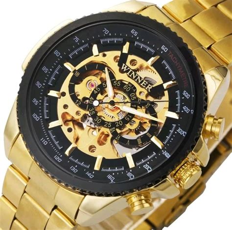 Relógio Automático Esqueleto Inox Dourado Winner Skeleton R 16999