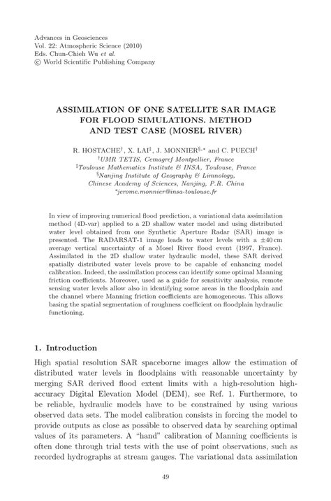Pdf Assimilation Of One Satellite Sar Image For Flood Simulations