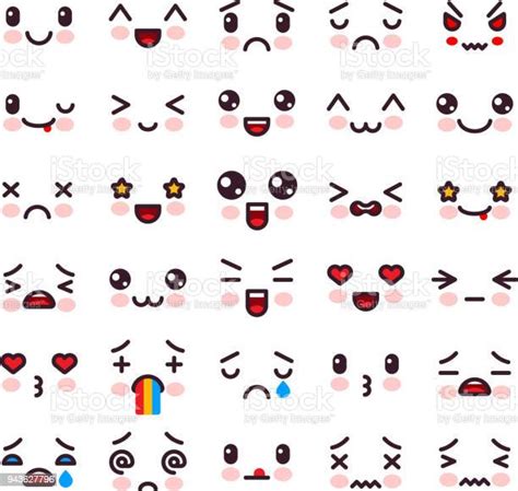 귀여운 벡터 만화 이모티콘 문자 다른 감정 및 흰색 배경에 고립 된 다른 감정 감정 식 그림 감정 집합이 일본 Emoji 얼굴 사람 얼굴에 대한 스톡 벡터 아트 및 기타