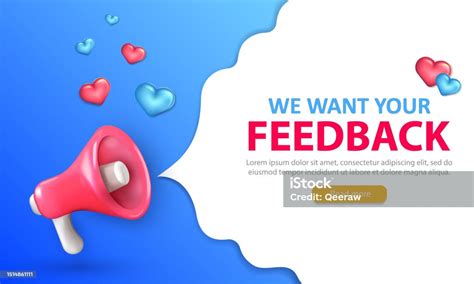 분홍색 메가폰 하트 및 텍스트가있는 파란색 벡터 프로모션 배너 귀하의 의견을 원합니다 3차원 형태에 대한 스톡 벡터 아트 및 기타 이미지 Istock