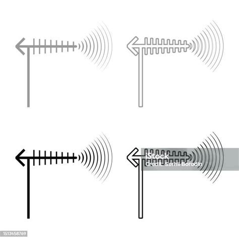 Tv 안테나 및 웨이브 세트 아이콘 회색 검정 색상 벡터 일러스트레이션 이미지 솔리드 채우기 윤곽선 윤곽선 얇은 플랫 스타일 0명에 대한 스톡 벡터 아트 및 기타 이미지