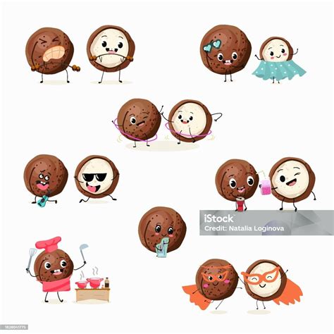 귀여운 만화 마카다미아 너트 캐릭터 세트 컬렉션 평면 벡터 그림입니다 활동 악기 연주 스포츠 재미있는 견과류 개체 그룹에 대한