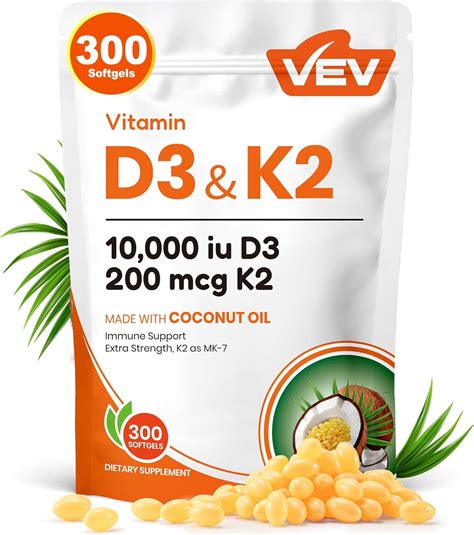 Vev Vitamin D3 K2 10000 Iu 300 Coconut Oil Softgels