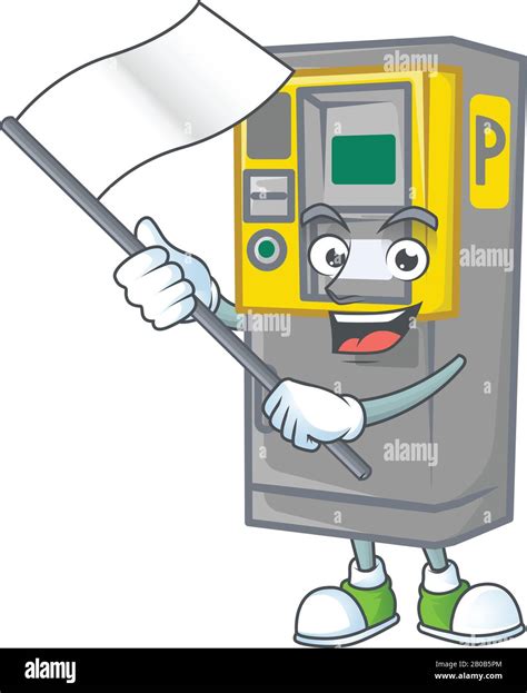 Funny Parking Ticket Machine Cartoon Character Design With A Flag Stock