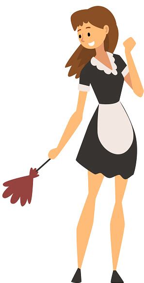 먼지 떨이와 서 있는 웃는 메이드 검은 드레스와 흰색 앞치마 벡터 일러스트와 함께 클래식 유니폼을 입고 하 녀 캐릭터 가사 집안일에 대한 스톡 벡터 아트 및 기타 이미지