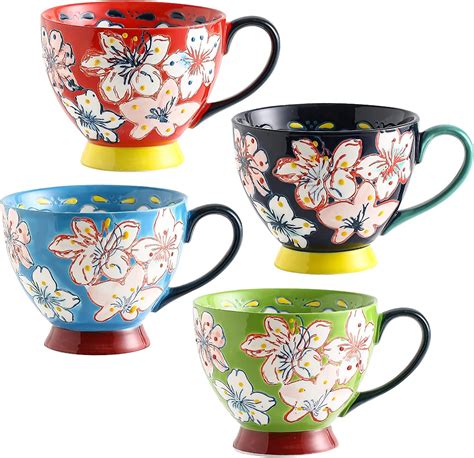 Large Coffee Mugs Set Of 4handmade Floral Ceramic Mugs15 Oz Cup For