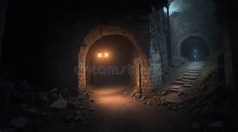 A Haunted Mine Entrance With Ghostly Lights Inside Stock Illustration Illustration Of Tunnel