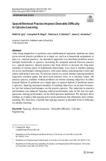 Pdf Spaced Retrieval Practice Imposes Desirable Difficulty In Calculus Learning Jason C