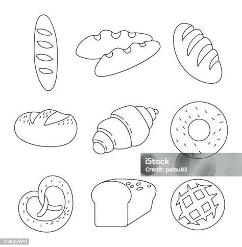 베이커리 제품 빵 덩어리 바게트 파이 롤빵 손으로 그린 스타일 색칠 공부 페이지 벡터 그리기 디자인 요소 모음입니다 개체 그룹에 대한 스톡 벡터 아트 및 기타 이미지