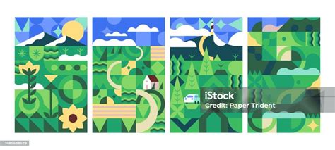 기하학적 입체파 풍경 포스터 세트 기하학 아트 스타일의 녹색 여름 자연 카드 시골 환경 식물이 있는 시골 수직 에코 배경입니다 현대적인 양식의 평면 벡터 일러스트레이션