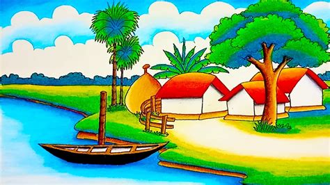 How To Draw Easy Scenery Drawing Of Nature Beautiful Village House Drawing Easy Step By Step
