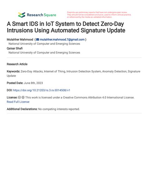 Pdf A Smart Ids In Iot System To Detect Zero Day Intrusions Using