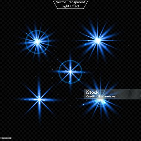 빛나는 조명 효과의 집합입니다 현실적인 렌즈와 반짝 빛입니다 블랙 투명 한 배경에 고립 반짝와 스타 버스트입니다 벡터 일러스트 레이 션 디자인에 대한 스톡 벡터 아트 및