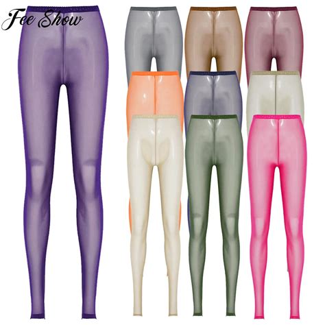 Women Leggings Lace Trim Stretchy Tight Pants See Through Mesh Stirrup