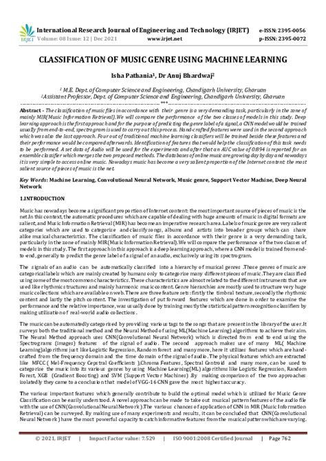 Pdf Irjet Classification Of Music Genre Using Machine Learning