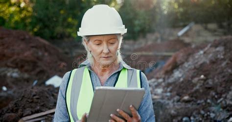 Building Excavation Tablet Construction Worker Woman Site Development Planning Architecture