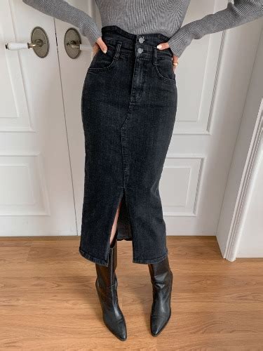 더블제이 국내배송 상품 Sml 사이즈 신상 스커트 세일 모음 투 버튼 하이웨스트 머메이드 H 라인 슬림 핏 블랙 흑청 데님 미디 롱 Sk 치마 여친룩 데이트룩 섹시 핏