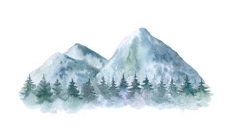 수채화 산 숲 나무 그림 프리미엄 벡터