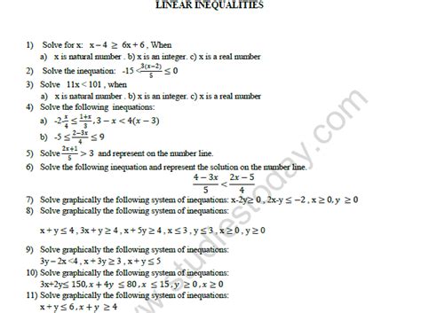 Cbse Class 11 Mathematics Linear Inequalities Worksheet