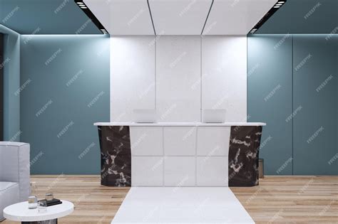 나무 바닥 대리석 책상과 파란색 벽 작업 공간 및 대기 공간 개념 3d 렌더링을 갖춘 깨끗한 사무실 로비 내부 프리미엄 사진