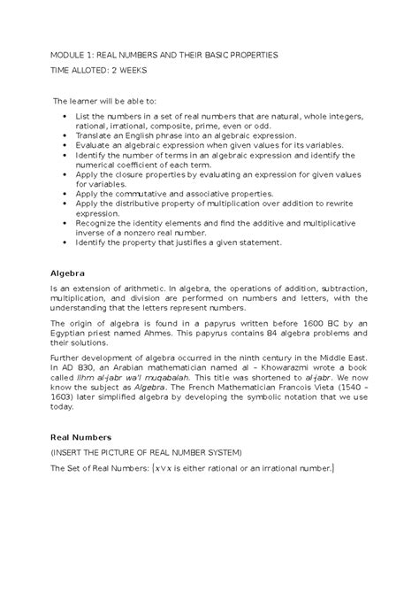 Module 1 Real Numbers And Their Basic Properties Module 1 Real Numbers And Their