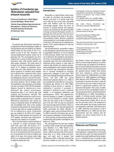 Pdf Isolation Of Cronobacter Spp Enterobacter Sakazakii From Artisanal Mozzarella