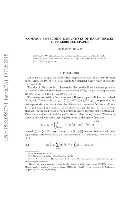 Pdf Compact Embedding Derivatives Of Hardy Spaces Into Lebesgue Spaces