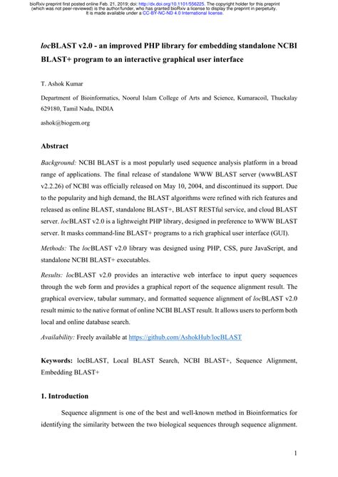 Pdf Locblast V20 An Improved Php Library For Embedding Standalone Ncbi Blast Program To An