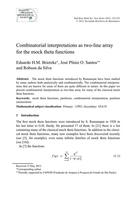 Pdf Combinatorial Interpretations As Two Line Array For The Mock Theta Functions