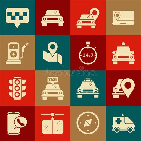 set ambulance and emergency car map pointer with taxi taxi folded