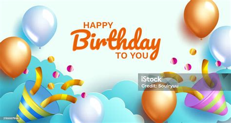 생일 축하 배경 디자인 종이 자른 구름 다양한 색상의 풍선 및 색종이 조각이 있는 벡터 일러스트레이션입니다 벡터 일러스트레이터 3차원 형태에 대한 스톡 벡터 아트 및 기타