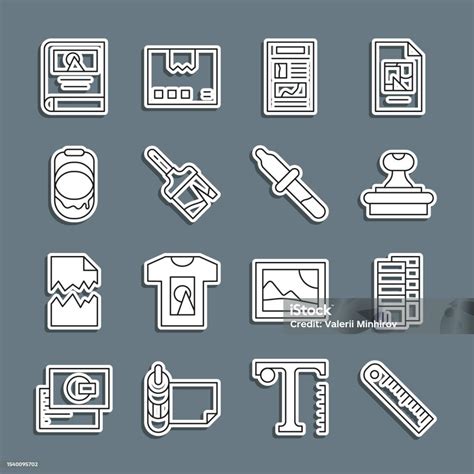 선 눈금자 Pantone 우표 뉴스 페인트 브러시 양동이 사진 앨범 갤러리 및 피펫 아이콘을 설정합니다 벡터 굴리기에 대한 스톡 벡터 아트 및 기타 이미지 Istock