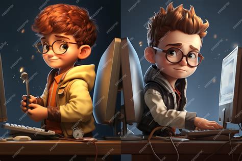 Premium Photo Cartoon Tiny Young Programmers And Coders Working With Computers