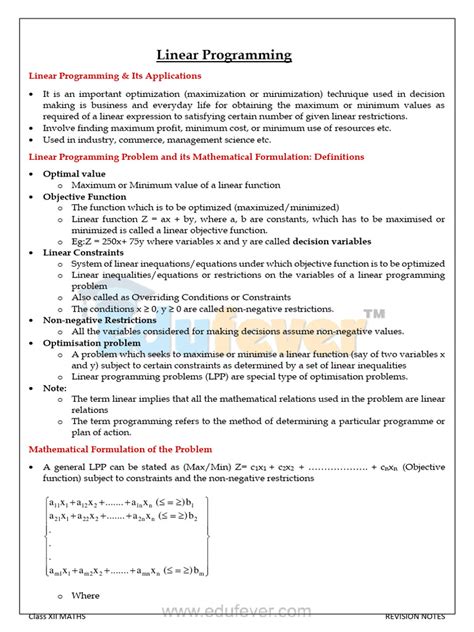 Chapter 12 Linear Programming Revision Notes Pdf Mathematical Optimization Linear