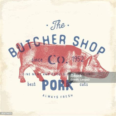 정육점가 게 빈티지 엠 블 럼 돼지고기 육류 제품 도살 로고 템플릿 복고풍 스타일 빈티지 디자인 로고 라벨 배지 및 브랜드 디자인에 대 한 벡터 일러스트 레이 션 정육점에