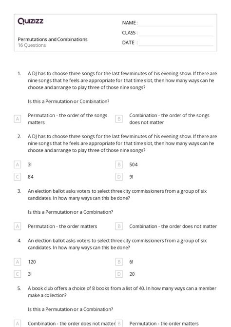50 Permutation And Combination Worksheets For 11th Grade On Quizizz Free And Printable