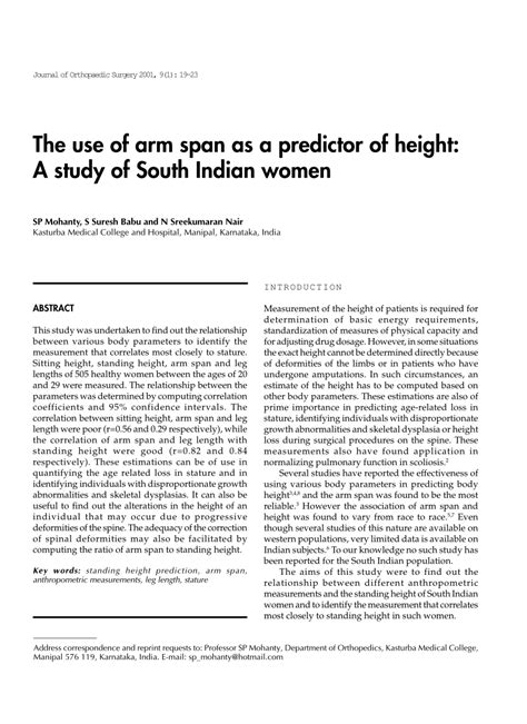 PDF The Use Of Arm Span As A Predictor Of Height A Study Of South Indian Women