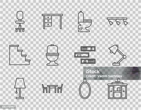 세트 라인 테이블 램프 탭 화장실 그릇 나무 테이블 의자 사무실 거울과 아이콘워시 바신 캐비닛 벡터 가구에 대한 스톡 벡터 아트 및 기타 이미지 Istock