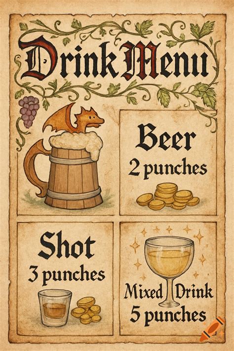 An Illustrated Medieval Drink Menu On Parchment With A Dragon Listing