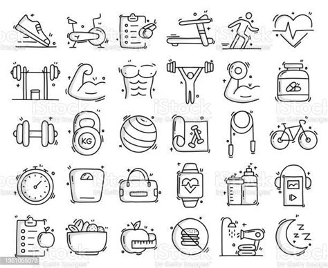 피트니스 및 운동 관련 개체 및 요소 손으로 그린 벡터 낙서 일러스트 레이션 컬렉션 손으로 그린 아이콘 세트입니다 낙서 드로잉에