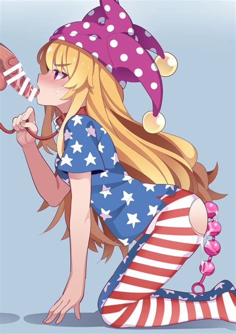 Hammer Sunset Beach Clownpiece Touhou 1girl American Flag Legwear Anal Beads Bar Censor