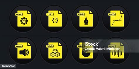 Wma 파일 문서 Svg 3ds Ppt Eps Js Wav 및 Max 아이콘을 설정합니다 벡터 가득 찬에 대한 스톡 벡터 아트