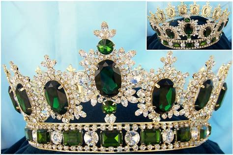 Mens Unisex Rhinestone Gold Full Emerald Green Royal Premium Crown