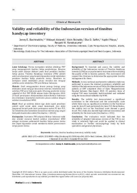 Pdf Validity And Reliability Of The Indonesian Version Of Sf 36 Quality Of Life Questionnaire