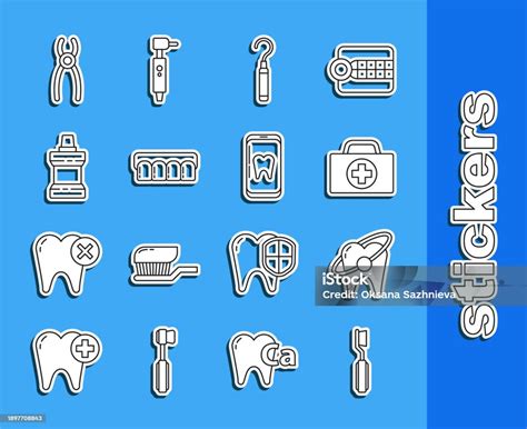 세트 라인 칫솔 미백 개념 구급 상자 치아 용 치과 탐색기 스케일러 틀니 모델 구강 세정제 플라스틱 병 펜치 및 온라인 치과 치료 아이콘 벡터 건강 진단에 대한 스톡 벡터