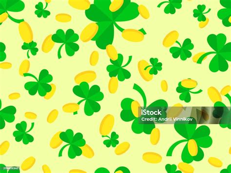 클로버 잎과 황금 동전 성 패트릭의 날에 대 한 완벽 한 패턴 토끼풀 클로버는 행운의 상징입니다 표지 포장지 월페이퍼 및 배너를 위한 디자인 벡터 일러스트 레이 션 3월에