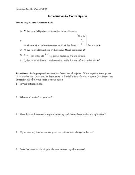Introduction To Vector Spaces Worksheet For 10th 12th Grade Lesson