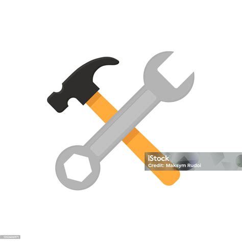 망치와 렌치 플랫 작업 도구 아이콘 흰색 배경에 격리 된 벡터 일러스트 강철에 대한 스톡 벡터 아트 및 기타 이미지 강철